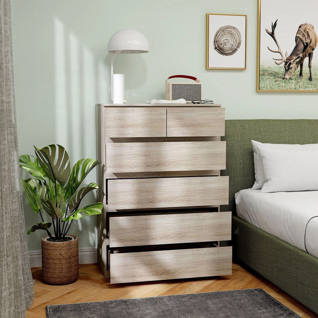 HOMCOM Komoda se 6 šuplíky s minimalistickým designem bez úchytek - 80 x 39 x 115 cm - Přírodní dřevo