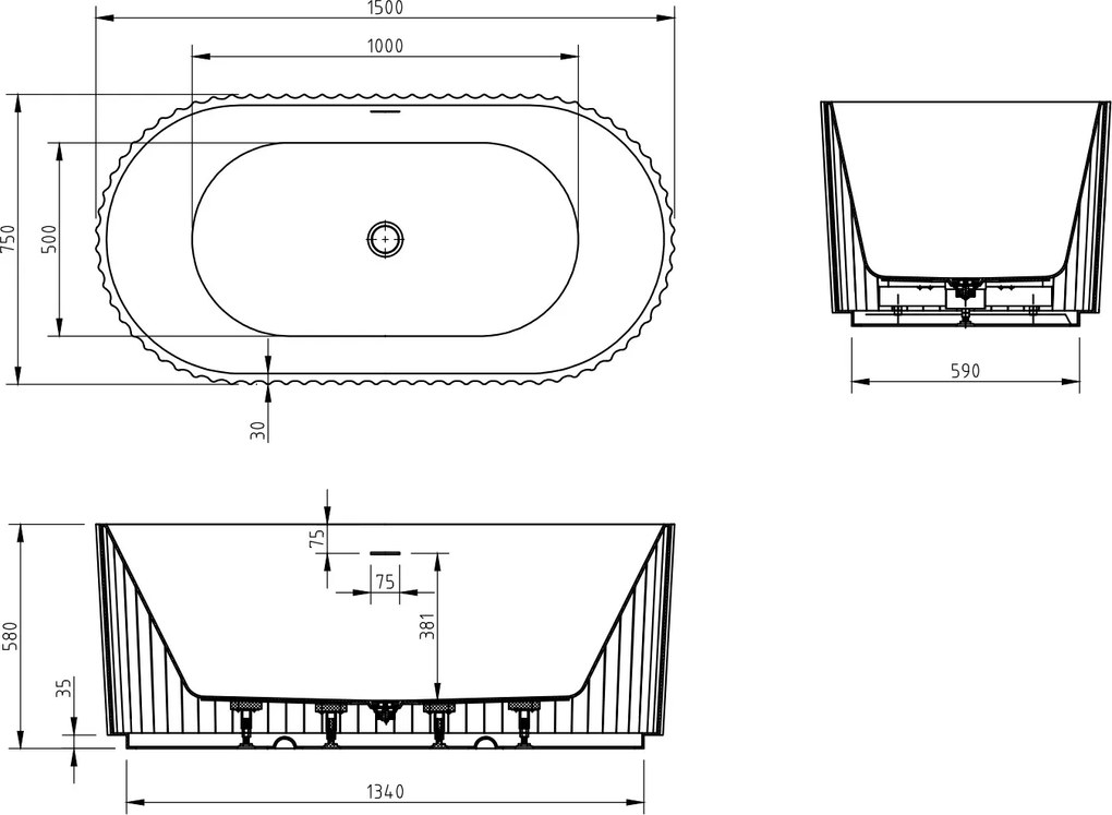 Mexen Paola, volně stojící vana, drážkovaná, 150 x 75 cm, černá matná, 52721507571-SS