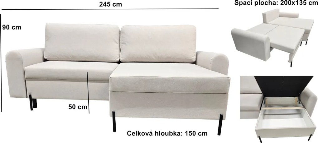 Rohová rozkládací sedací souprava do L PORTINE, 245 cm, s úložným prostorem Roh pohovky: Levý roh, Barva látky Poso: Bílá (Poso 100)