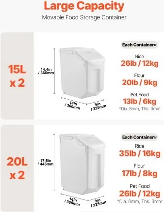 15Lx2 + 20Lx2 Zásobník na ingredience Vzduchotěsný kuchyňský koš na mouku