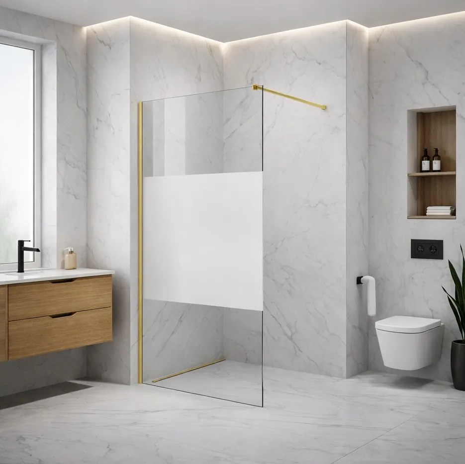 Erga Paris, sprchová zástěna Walk-In 110x200 cm, 8mm čiré/mléčné sklo, měděný matný profil, ERG-V02-PARIS-110x200-MF-CO
