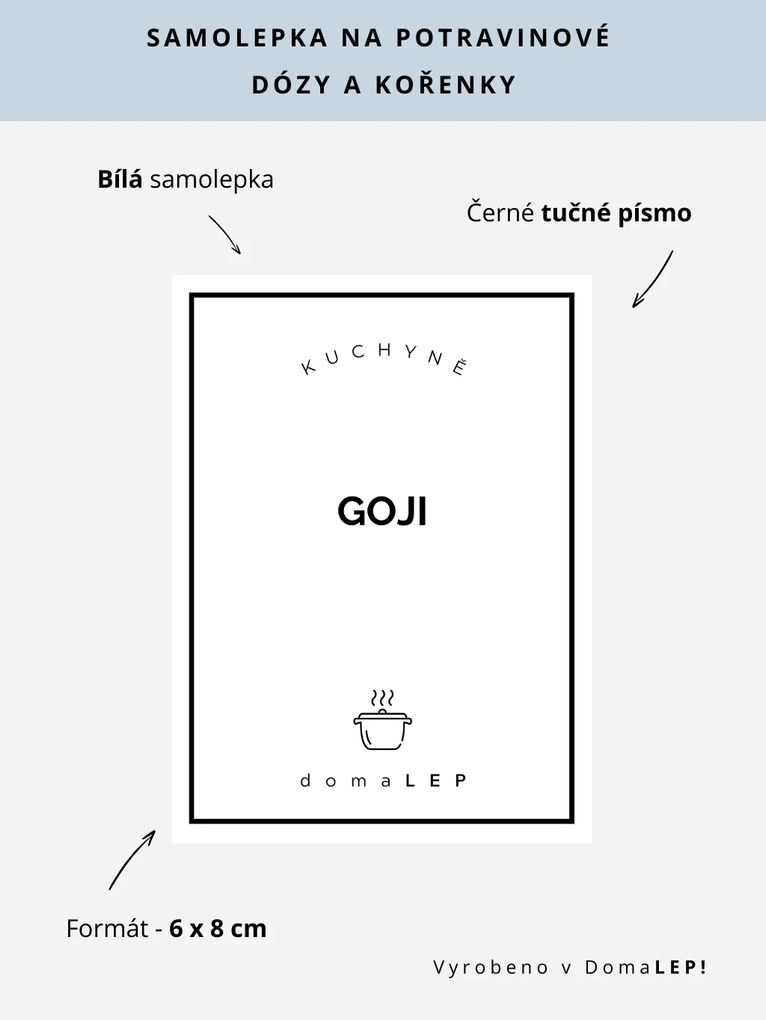 GOJI – bílá samolepka na dózu, tučné písmo, 6 x 8 cm | DomaLEP