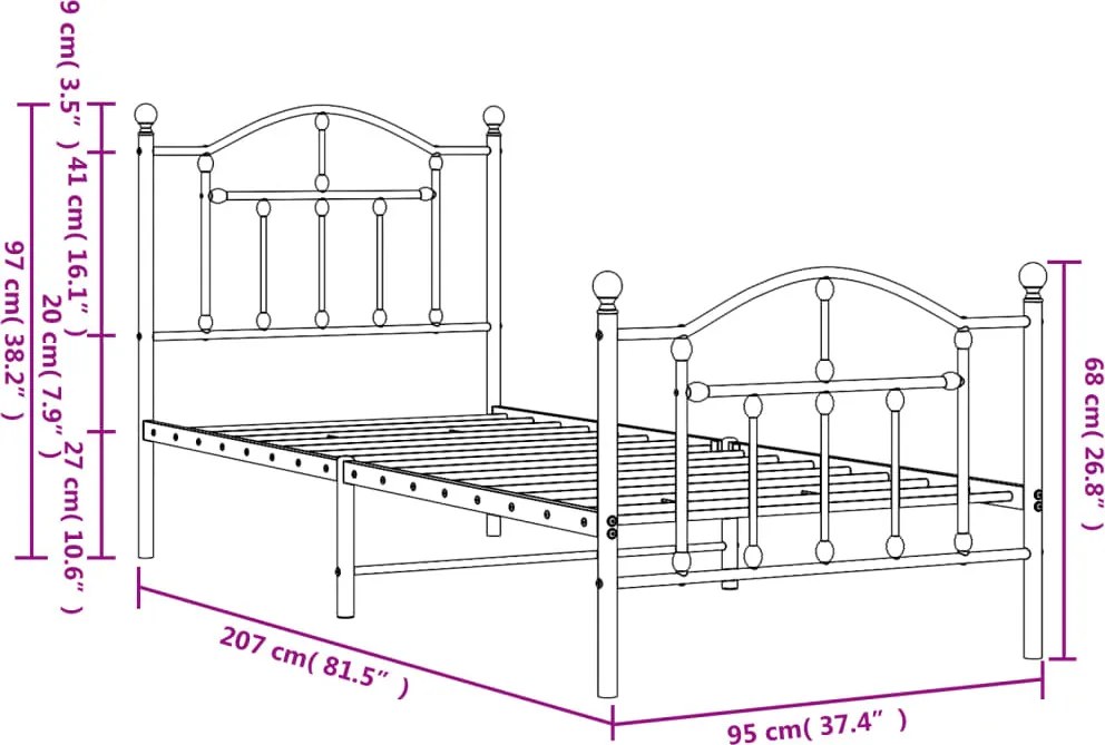 vidaXL Kovový rám postele s hlavovým a nožním čelem 90 x 200 cm [353499] Barva: Bílá