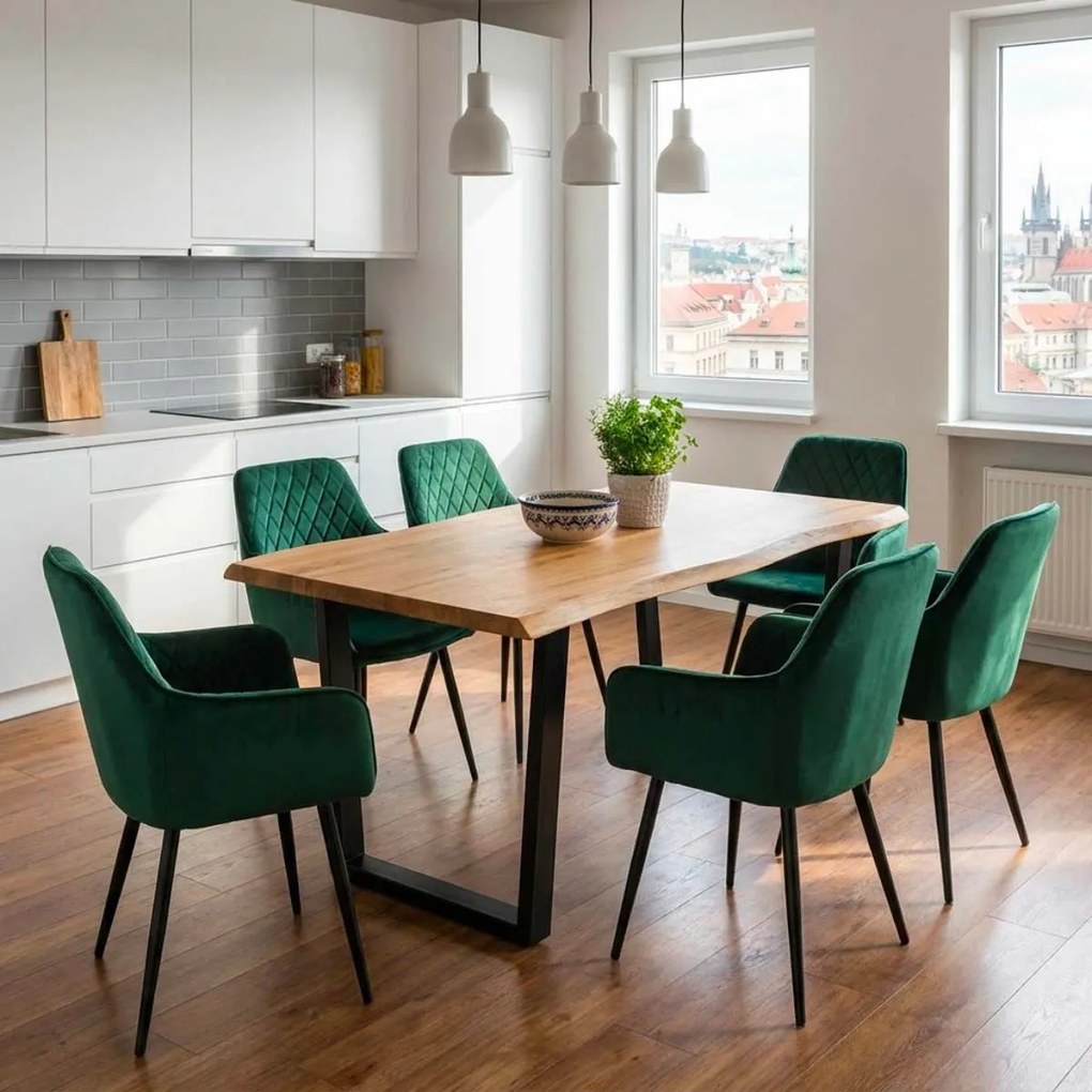 Vikio Jídelní set pro 6 osob 160x90 cm dub noha U zelená židle s područkami VJS166-6Z