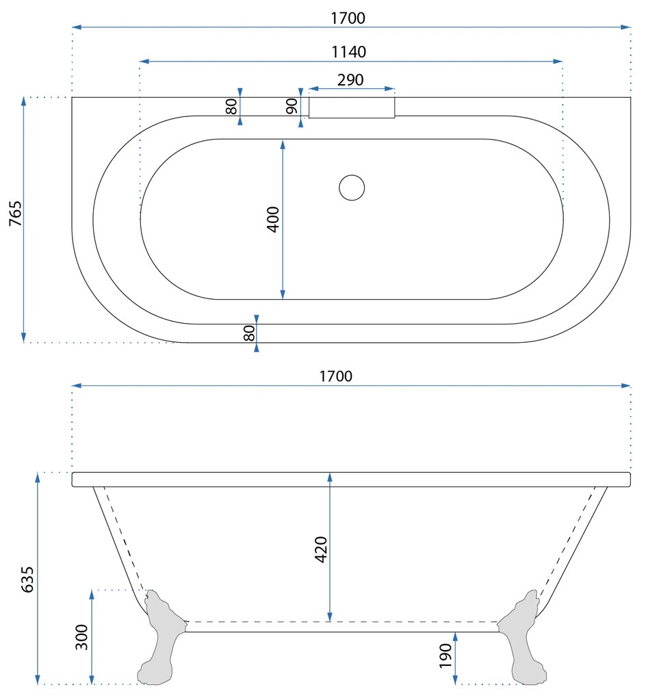 Volně stojící akrylátová vana ke stěně REA KORFU 170x77 cm bílá