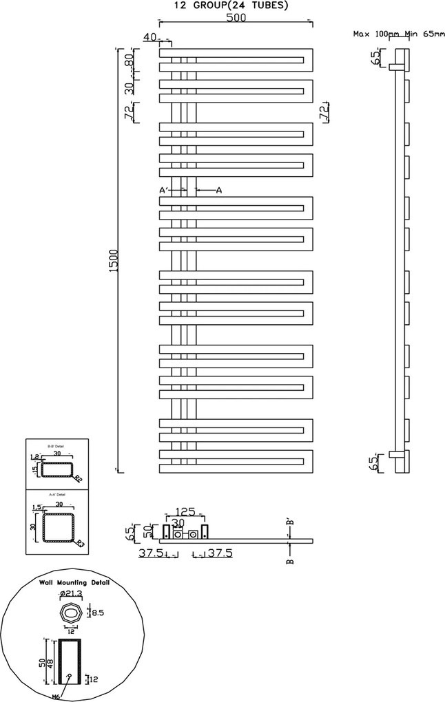 Sapho Sapho, VOLGA topné těleso 500x1500mm, 465W, broušená nerez, NR515
