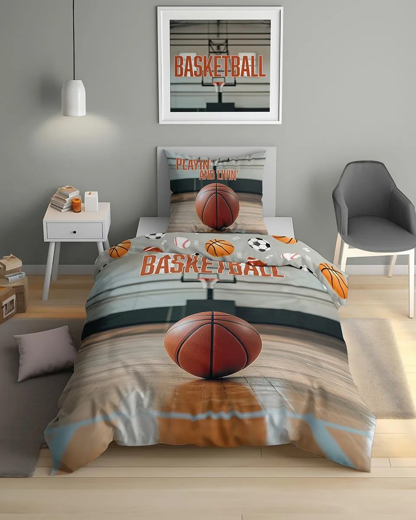 Detexpol Dětská bavlněná sada ložního prádla 140x200 šedá s motivem basketbalového míče - 5866 A - Dream Collection