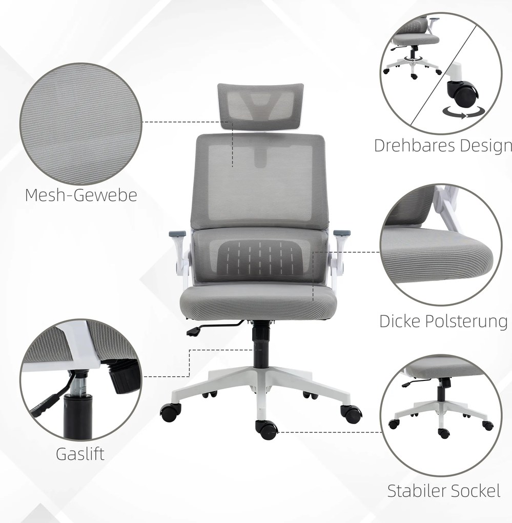 Ergonomická kancelářská židle Vinsetto s nastavitelnou opěrkou hlavy a područkami, výškově nastavitelnou otočnou židlí s funkcí houpání a síťovanou b…