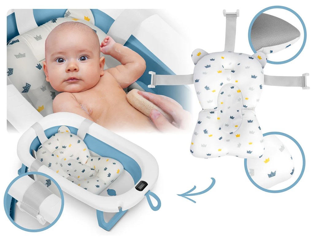 Ricokids Skládací vanička pro děti a kojence s teploměrem a vložkou - RK-287 bílá a modrá