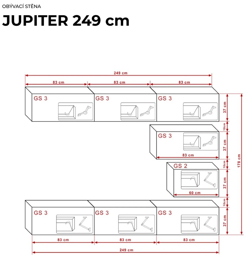 Ral Obývací stěna JUPITER 1, 249 cm - Bílo/černý lesk