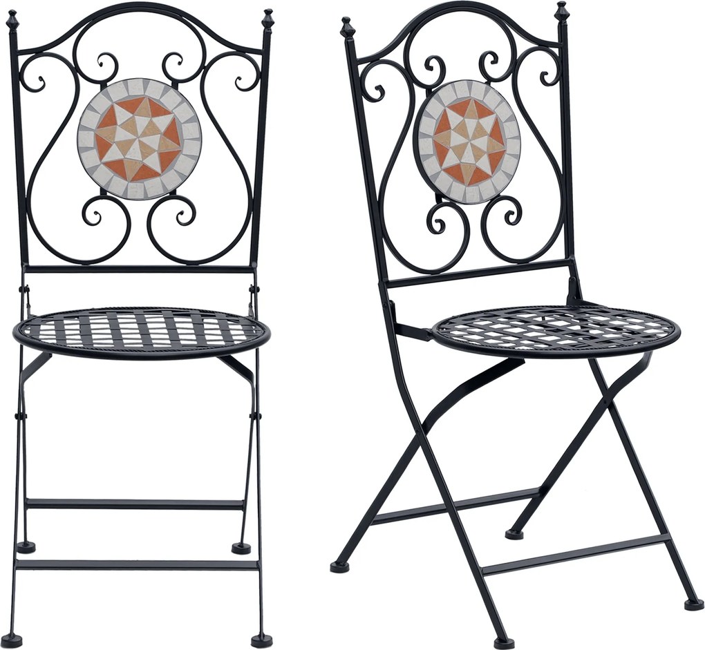 Outsunny Sada 2 skládacích zahradních židlí Bistro s mozaikovým sedákem pro terasu a balkon, kovová, nosnost 120 kg, 50x40x94.5 cm, černá | Aosom