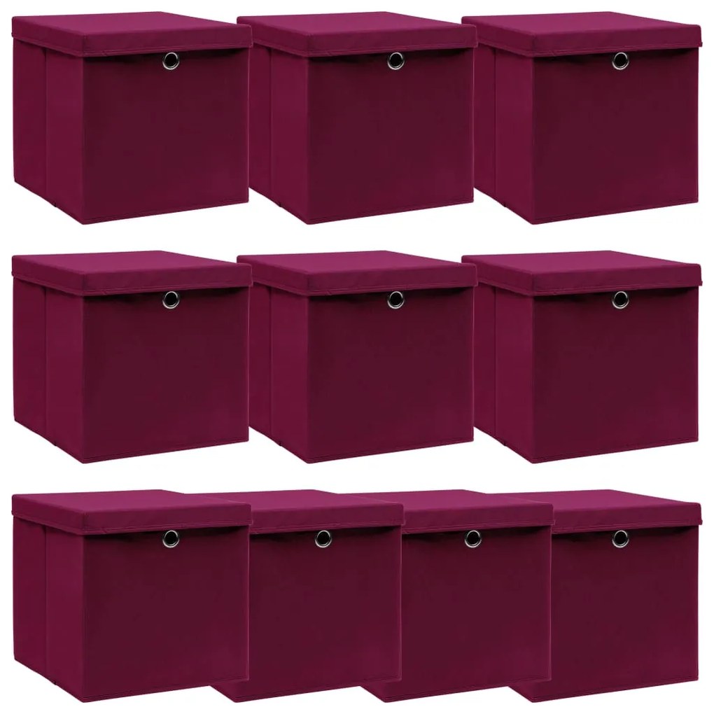 Úložné boxy s víky 10 ks tmavě červené 32 x 32 x 32 cm textil 288344