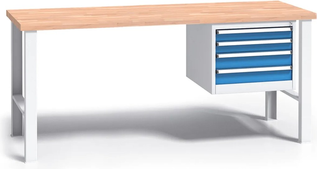 Pracovní stůl do dílny G3 se závěsným boxem na nářadí, buková spárovka, 4 zásuvky, pevné kovové nohy, 1700 mm, modrá