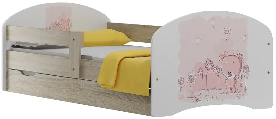 Dětská postel s motivem TEDDY PINK  se zábranou Rozměr: 200x90, Matrace: včetně matrace RELAX, Barevná kombinace: BÍLÁ/TYRKYS