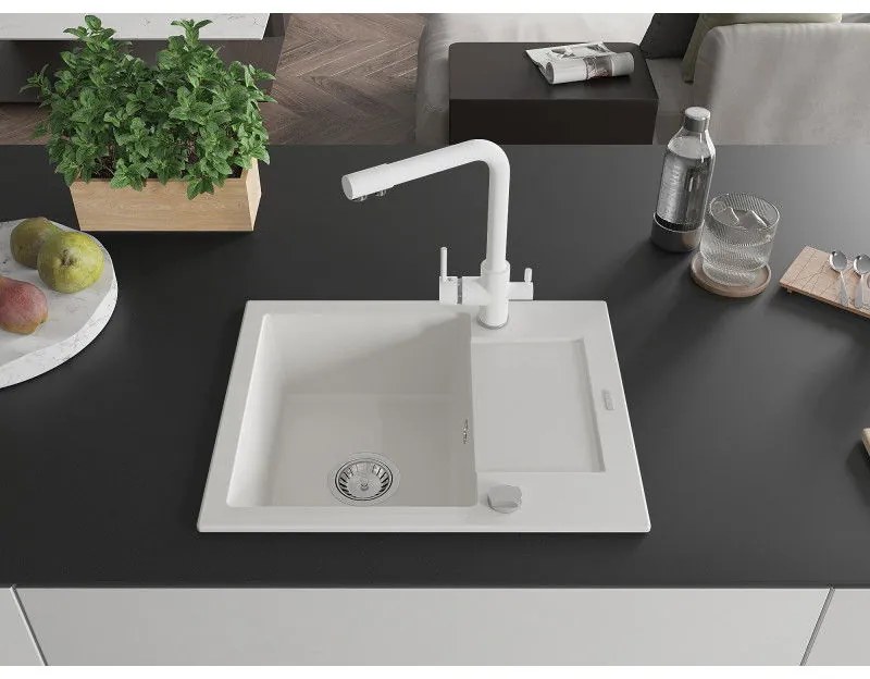 Mexen Enzo, granitový dřez 576x465x174 mm, 1-komorový, bílá matná baterie Duero, bílá, 6506-20-671600-20