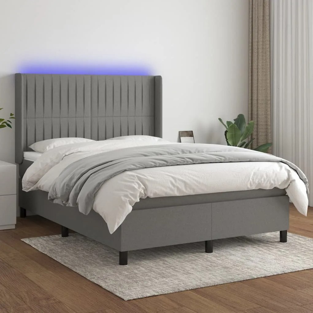 Box spring postel s matrací a LED tmavě šedá 140x200 cm textil
