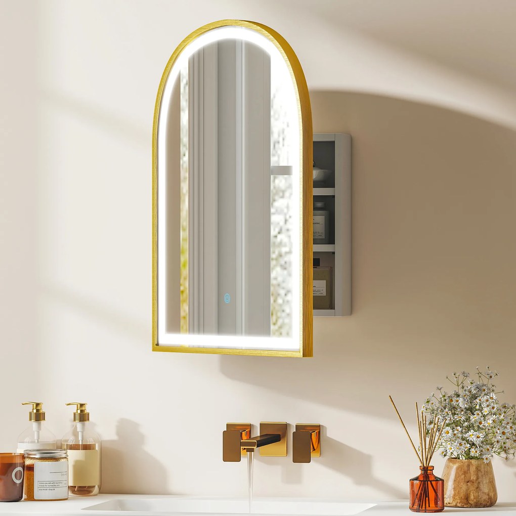 HOMCOM nástěnná koupelnová skříňka se zrcadlem a LED osvětlením, zakřivené dveře, proti zamlžení, 50x14,5x70 cm, zlatá