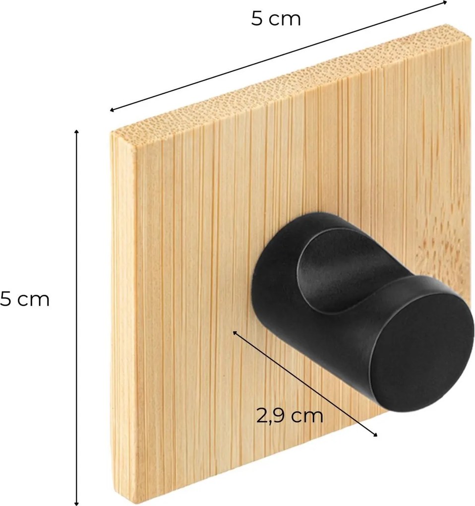 Erga Ozi, samolepící háčky na ručníky bez vrtání, 4 ks, 5 × 5 cm, bambus/černá matná, ERG-YKA-CH.OZI4-BLK