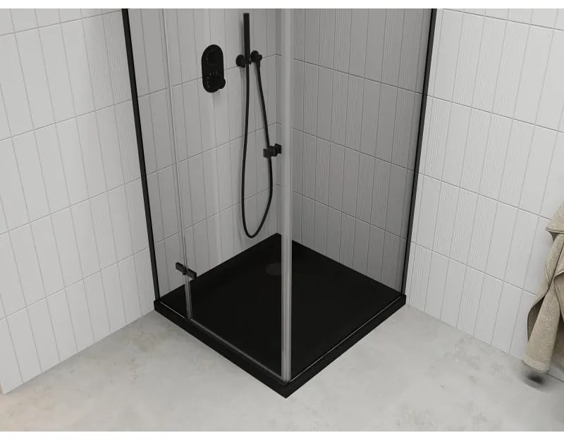 Mexen Roma, sprchový kout s 1-křídlými dveřmi 80 (dveře) x 80 (stěna) cm, 6mm čiré sklo, černý profil, slim sprchová vanička 5cm černá s černým sifonem, 854-080-080-70-00-4070B