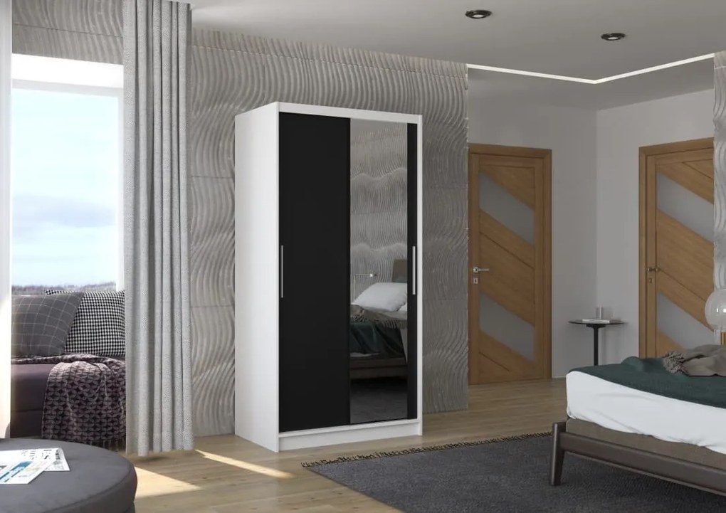 Šatní skříň s posuvnými dveřmi Bario - 100 cm Barva: Bílá/dub Sonoma
