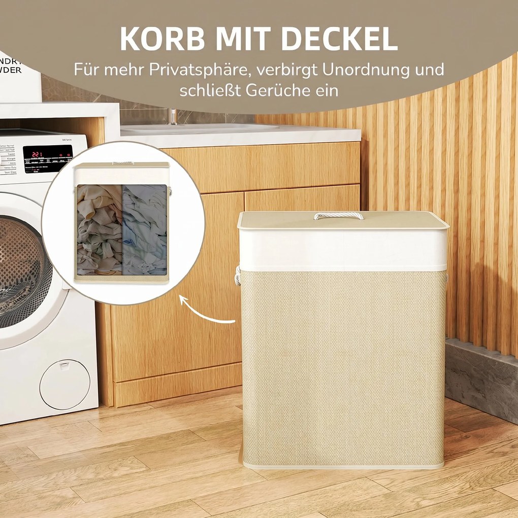 HOMCOM Bambusový koš na prádlo s víkem 100L Koš na prádlo se 2 přihrádkami a vyjímatelným vnitřním pytlem pro laundry room a ložnici 52x32x63 cm Přír…