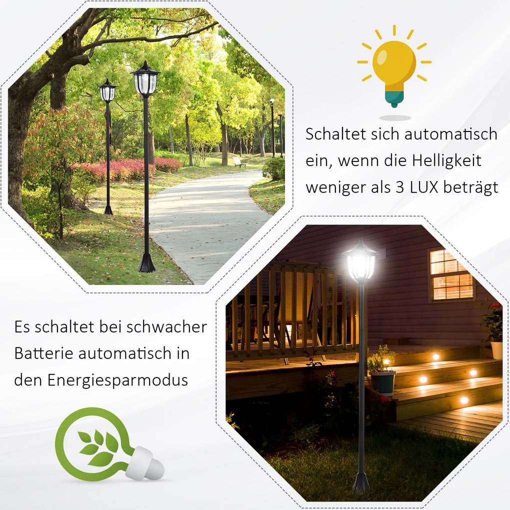 Zahradní solární světlo Outsunny LED zahradní lucerna 30/60 lumenů, černý plast, Ø26,5 x H177 cm, ideální pro zahradu a terasu