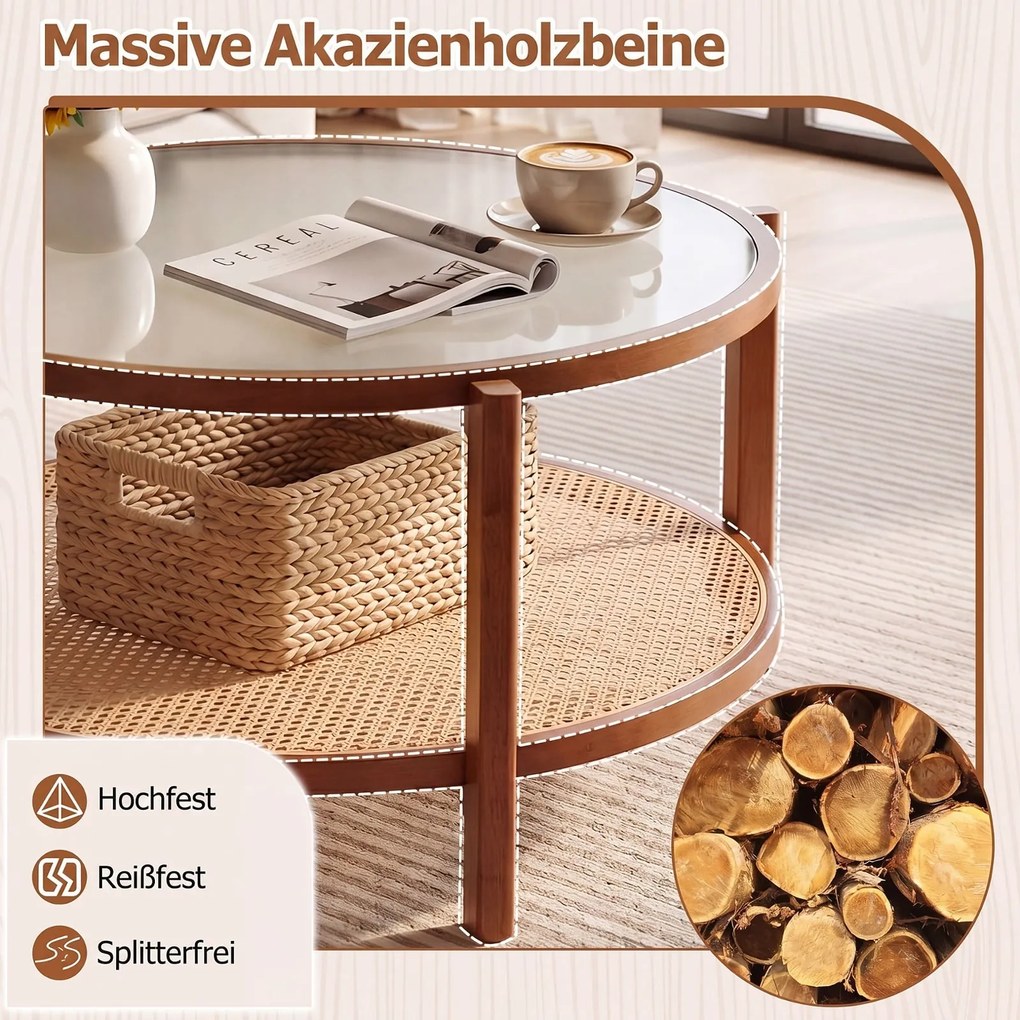 Costway Konferenční stolek kulatý 2patrový dřevěný se skleněnou deskou