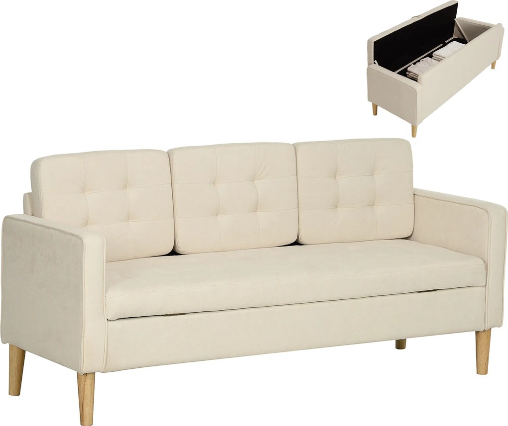 HOMCOM 3-místná pohovka s úložným prostorem, prošívání na knoflíky, čalouněná pohovka, 166,5 x 62 x 82 cm, krémově bílá