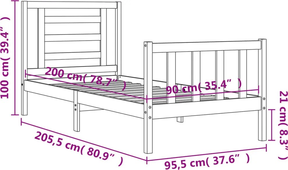 vidaXL Rám postele s čelem 90 x 200 cm masivní dřevo [3192868] Barva: Přírodní