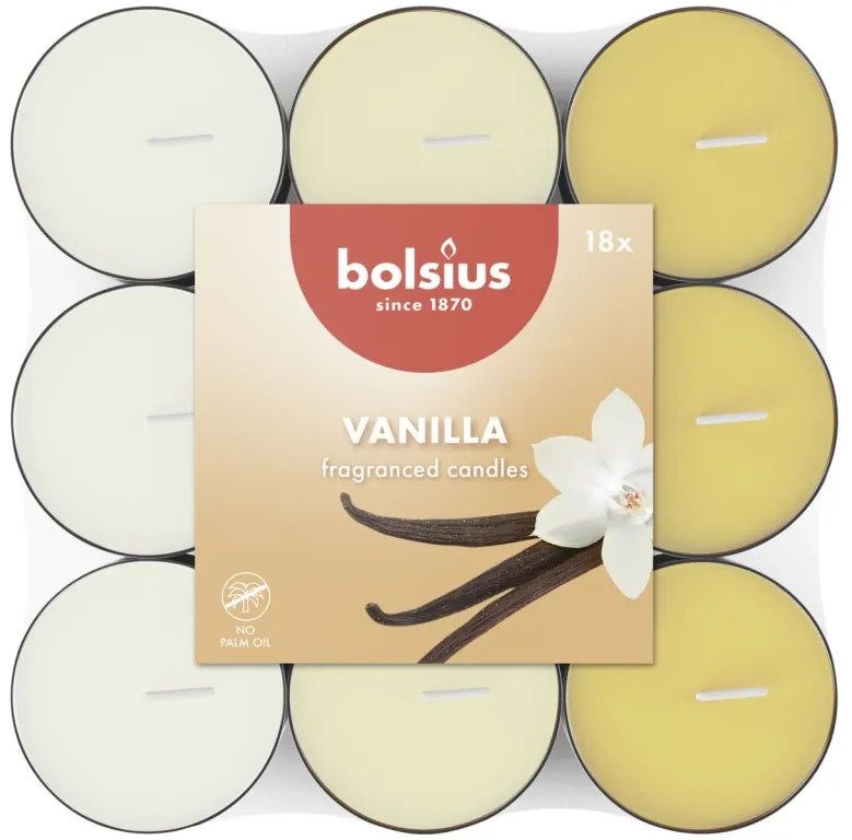 Bolsius Čajové 18ks, 260g, doba hoření 18x3,5hod, Vanilla basic tříbarevné, vonné svíčky