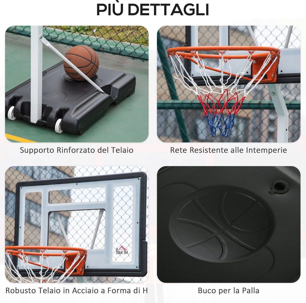 HOMCOM Basketbalový koš pro dospělé s nastavitelnou PVC tabulí 90x60x260-310cm a integrovanými kolečky Bílý