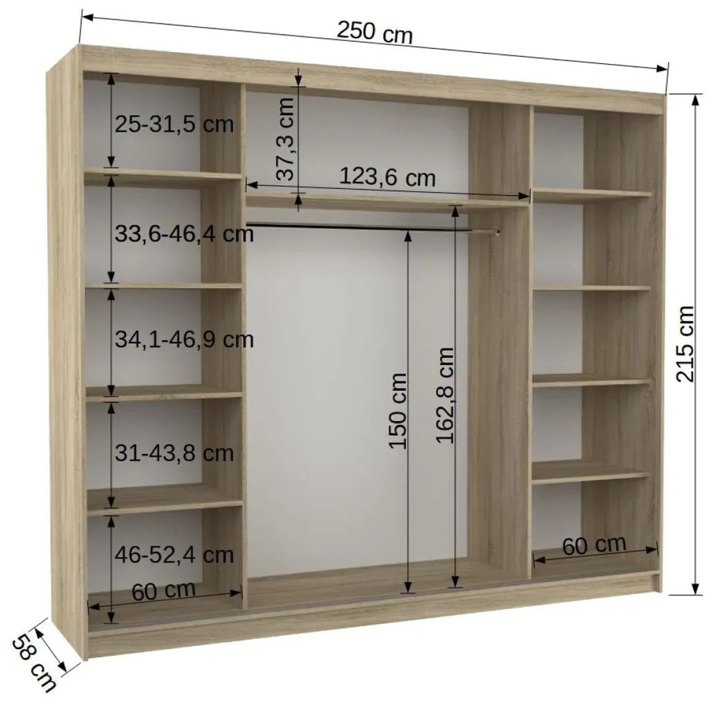 Šatní skříň s posuvnými dveřmi Diego - 250 cm Barva: dub Sonoma/Bílá