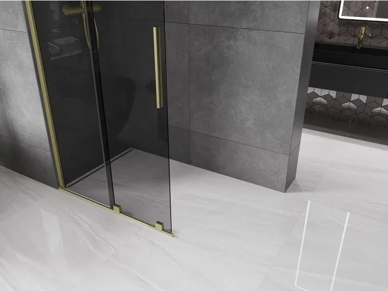 Mexen Velar, sprchová zástěna s posuvnými dveřmi Walk-in 75 x 200 cm, 8mm šedé sklo, zlatá matná, 871-075-000-43-55