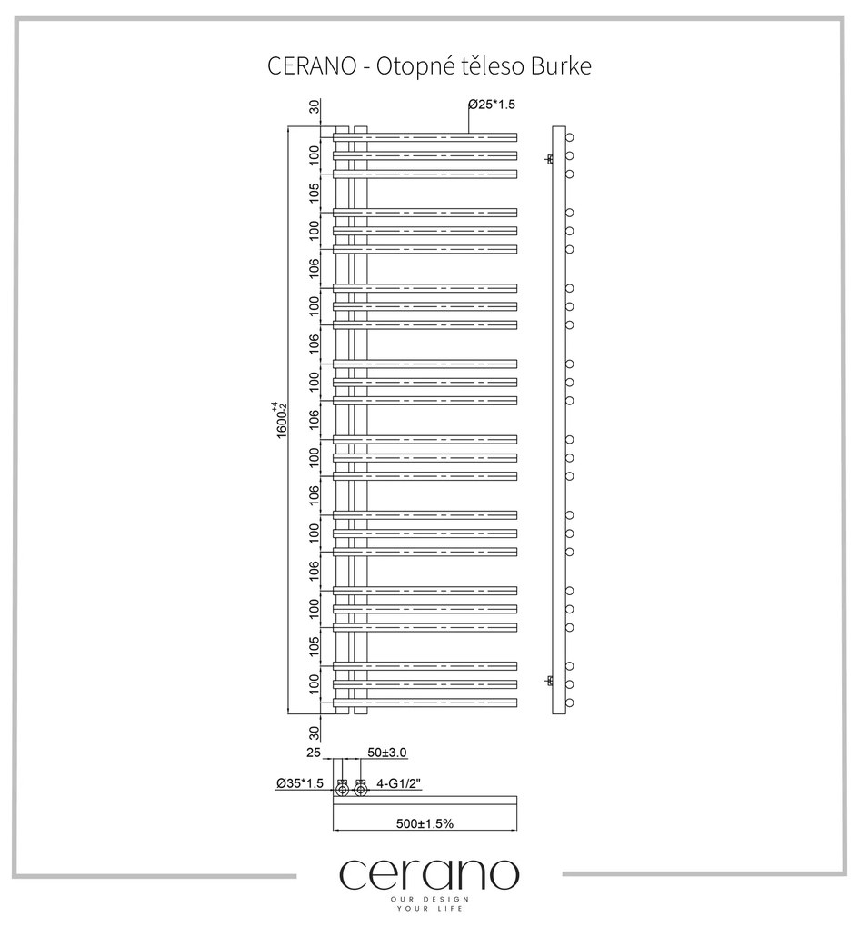 CERANO - Topné těleso Burke - D5 - 750W - černá matná - 1600x500 mm