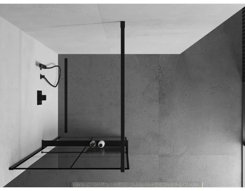 Mexen Kioto+, sprchová zástěna s poličkou a držákem na ručníky 90 x 200 cm, 8mm sklo čiré sklo vzor černý, černý profil, 800-090-121-70-77