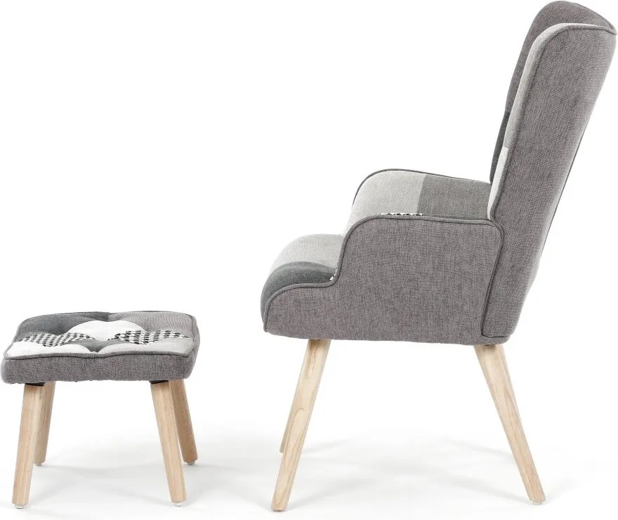 Relaxační křeslo ušák LISA + taburet — masiv, látka, černobílý patchwork