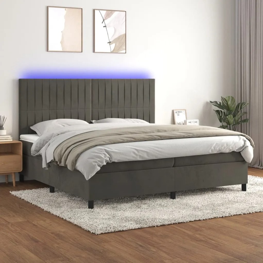 Box spring postel s matrací a LED tmavě šedá 200x200 cm samet 3136264