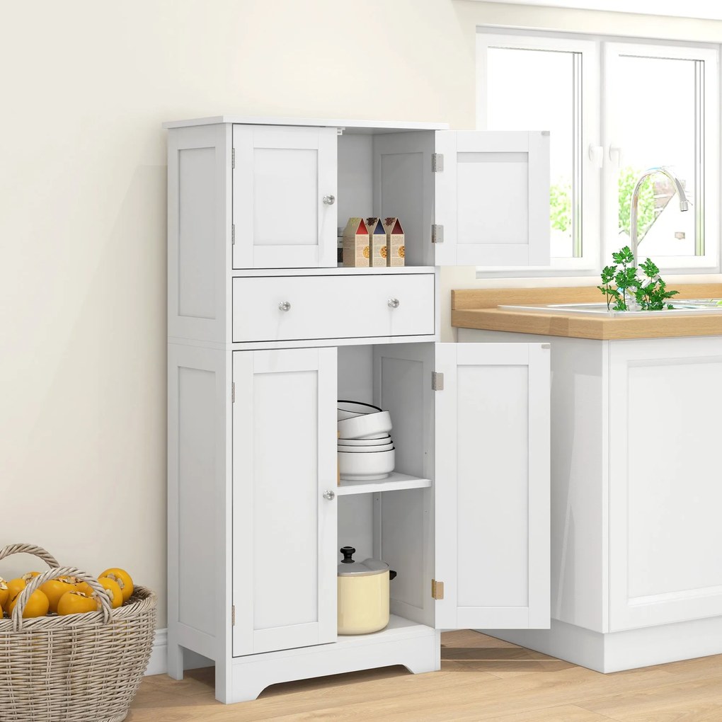 HOMCOM Moderní Kuchyňský Kabinet Buffet s Úložným Prostorem a Regály, Zásuvkou pro Jídelnu a Obývací Pokoj, 60 x 30 x 128 cm, Bílá