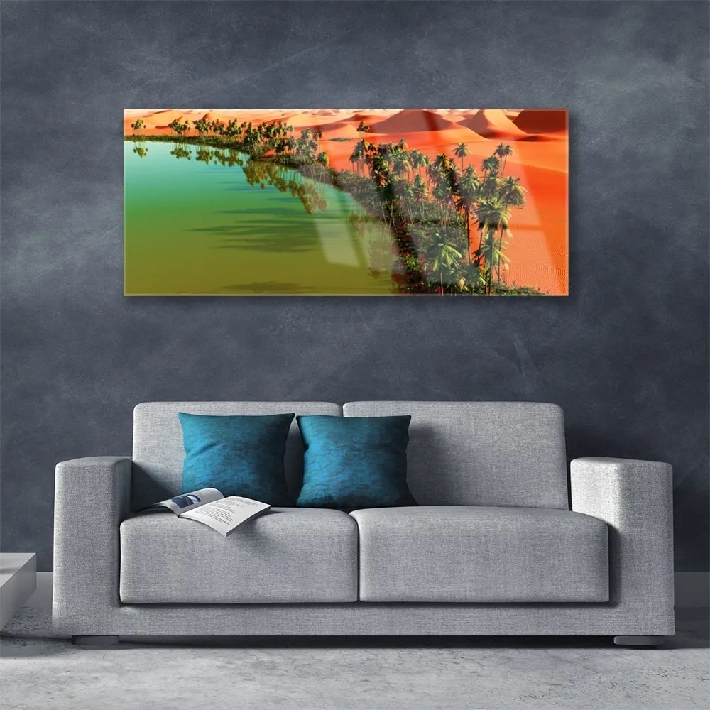 akrylový obraz Jezero Poušť Palmy 125x50 cm
