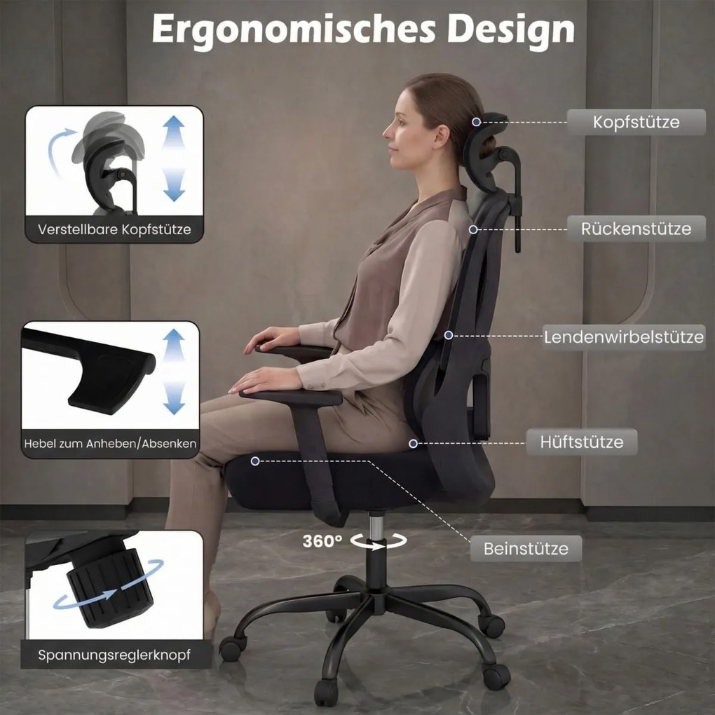 Costway Ergonomická kancelářská židle s nastavitelnou opěrkou hlavy a bederní