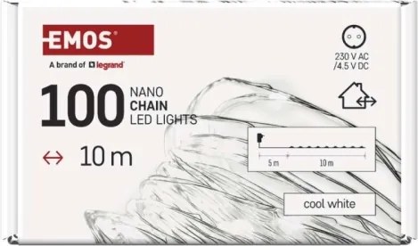 Vánoční osvětlení EMOS D3AC01 ZY1427T 100LED nano řetěz stříbrný 10m studená bílá s časovačem