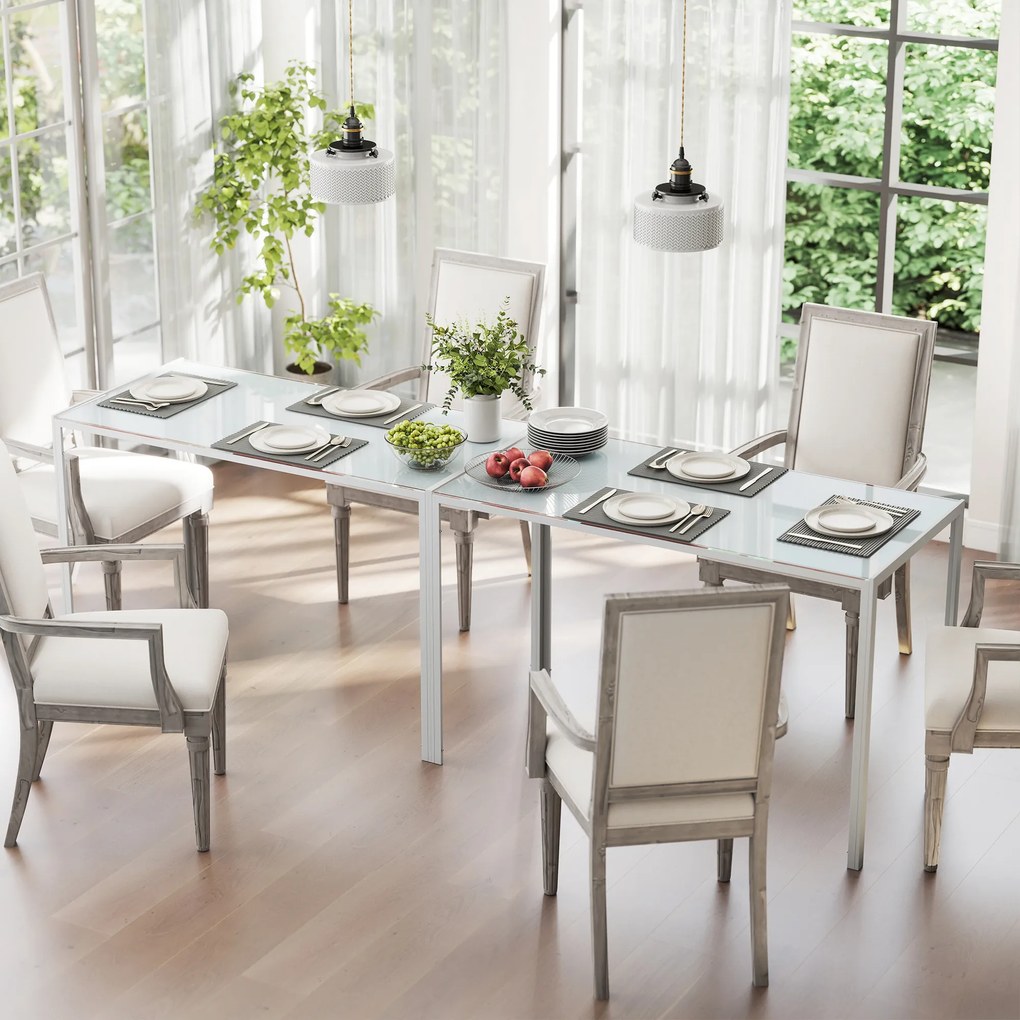 HOMCOM Skleněný Jídelní Stůl Obdélníkový pro 4-6 Osob s Metalickými Nohami Multifunkční do Kuchyně a Obývacího Pokoja 120x60x75 cm Bílý