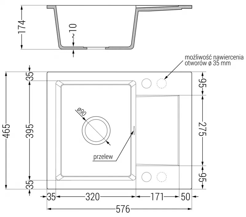 Mexen Enzo 1-miskový granitový dřez s odkapávačem 576 x 465 mm, Černá/Stříbrná kovová, sifon Zlatá - 6506571005-73-G