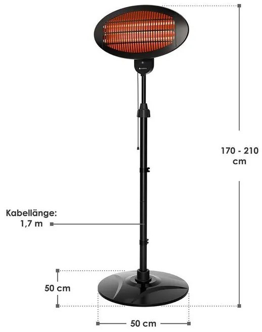 Stojanový infrazářič 2000 W, 3 stupně, 170–210 cm
