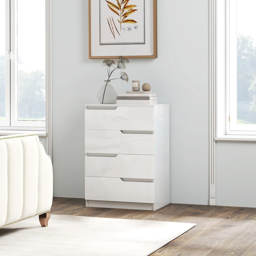 HOMCOM Komoda se 4 zásuvkami, Skříňka pro obývací pokoj a ložnici, Leskle bílá 60 x 40 x 85 cm