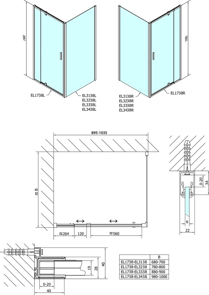 Polysan Polysan, EASY obdélníková sprchová zástěna pivot dveře 900-1000x800mm L/P varianta, brick sklo, EL1738EL3238
