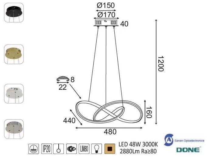 ACA DECOR GORDIUS 48W/230V/3000K/2880Lm/360°/IP20, Flicker free, bílá barva