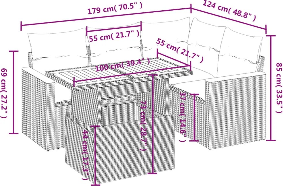 5dílná zahradní sedací souprava s poduškami černá polyratan 3273058
