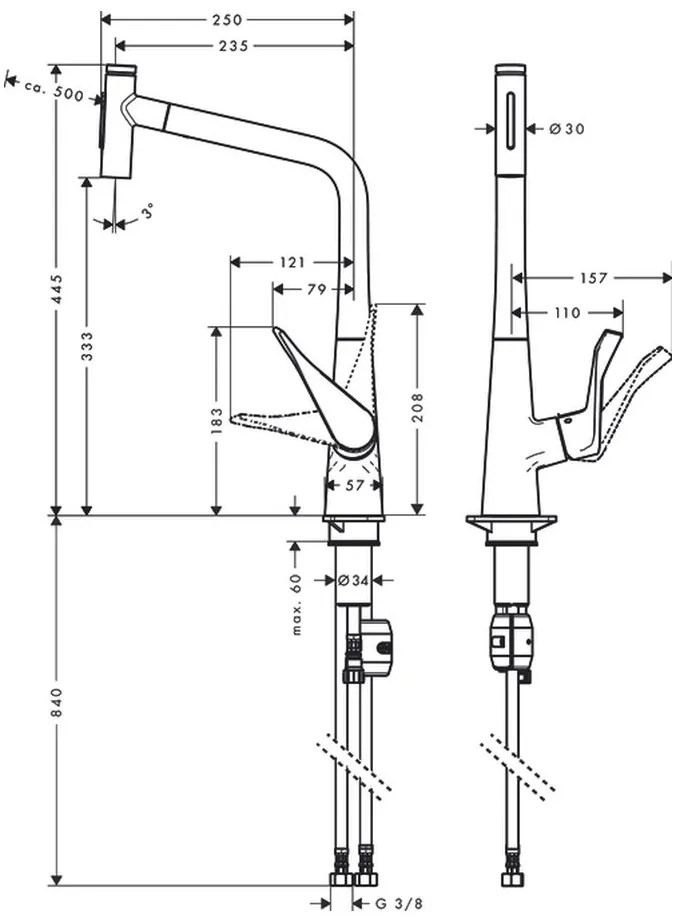 Hansgrohe M71, dřezová baterie Metris Select s výsuvnou sprškou, vzhled nerezový 73820800