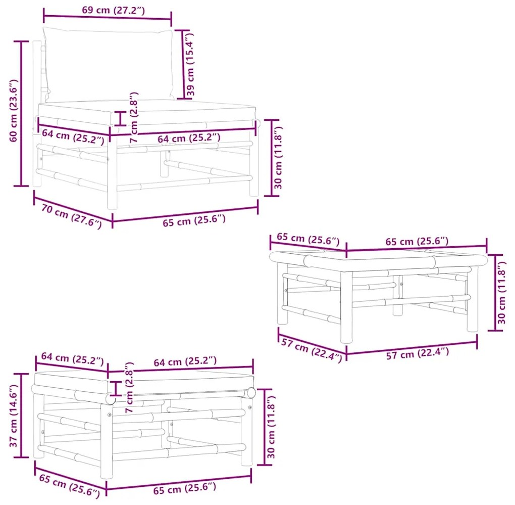 vidaXL Marketos 3dílná zahradní sedací souprava krémově bílé podušky bambus